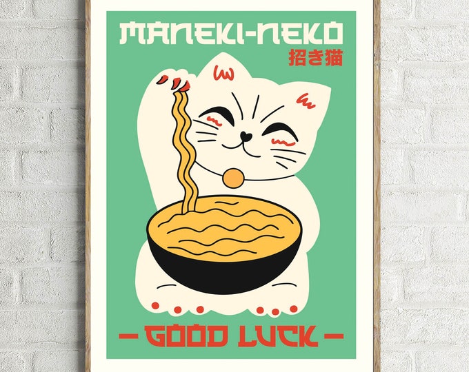 Maneki Neko Good Luck Print | Japanese Cat Illustration Poster | Lucky ...