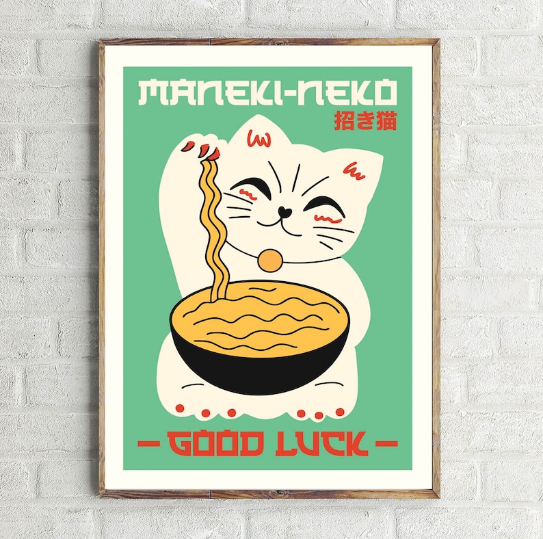Maneki Neko Good Luck Print | Japanese Cat Illustration Poster | Lucky ...