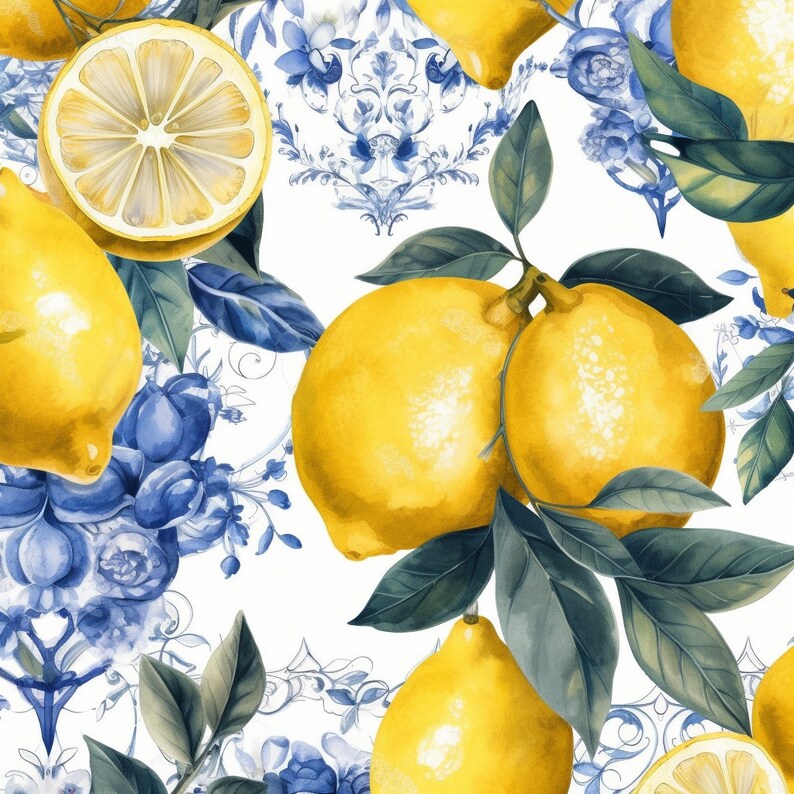 Pack of 5 Lemon Patterns, Flowers, Blue, White, and Yellow, PNG, PDF ...