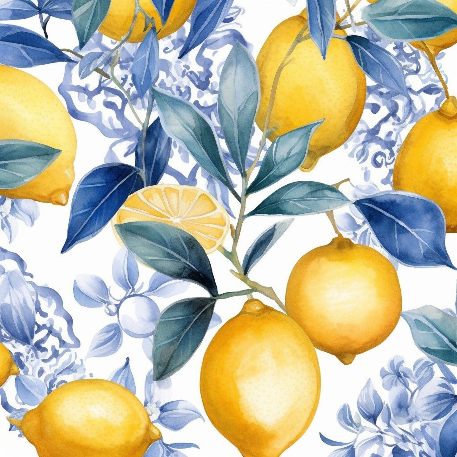 Pack of 5 Lemon Patterns, Flowers, Blue, White, and Yellow, PNG, PDF ...