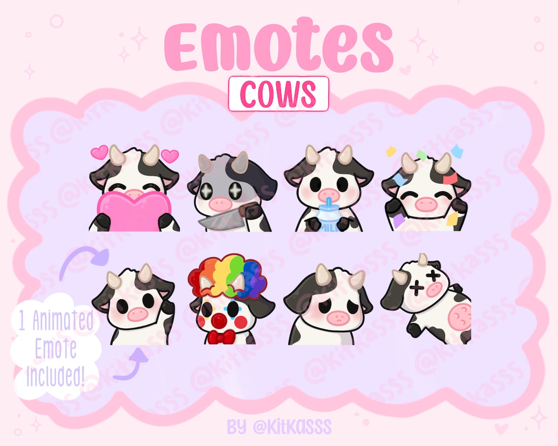 8 Twitch/discord Emotes - Cow Emotes - Animated Cow Emote - Kawaii Cute ...