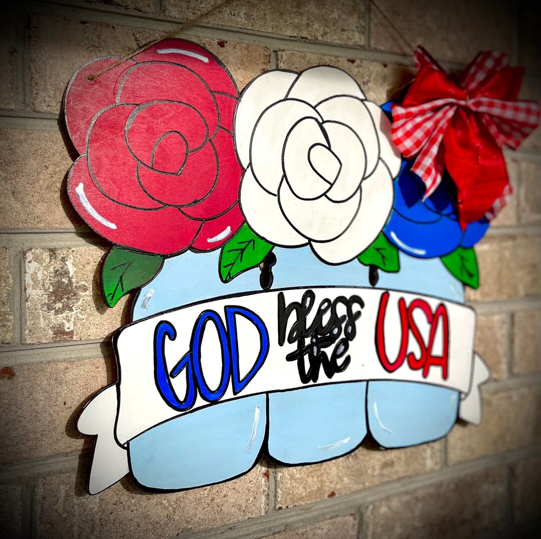 God Bless the USA Mason Jar Door Hanger Red White Blue Patriotic ...
