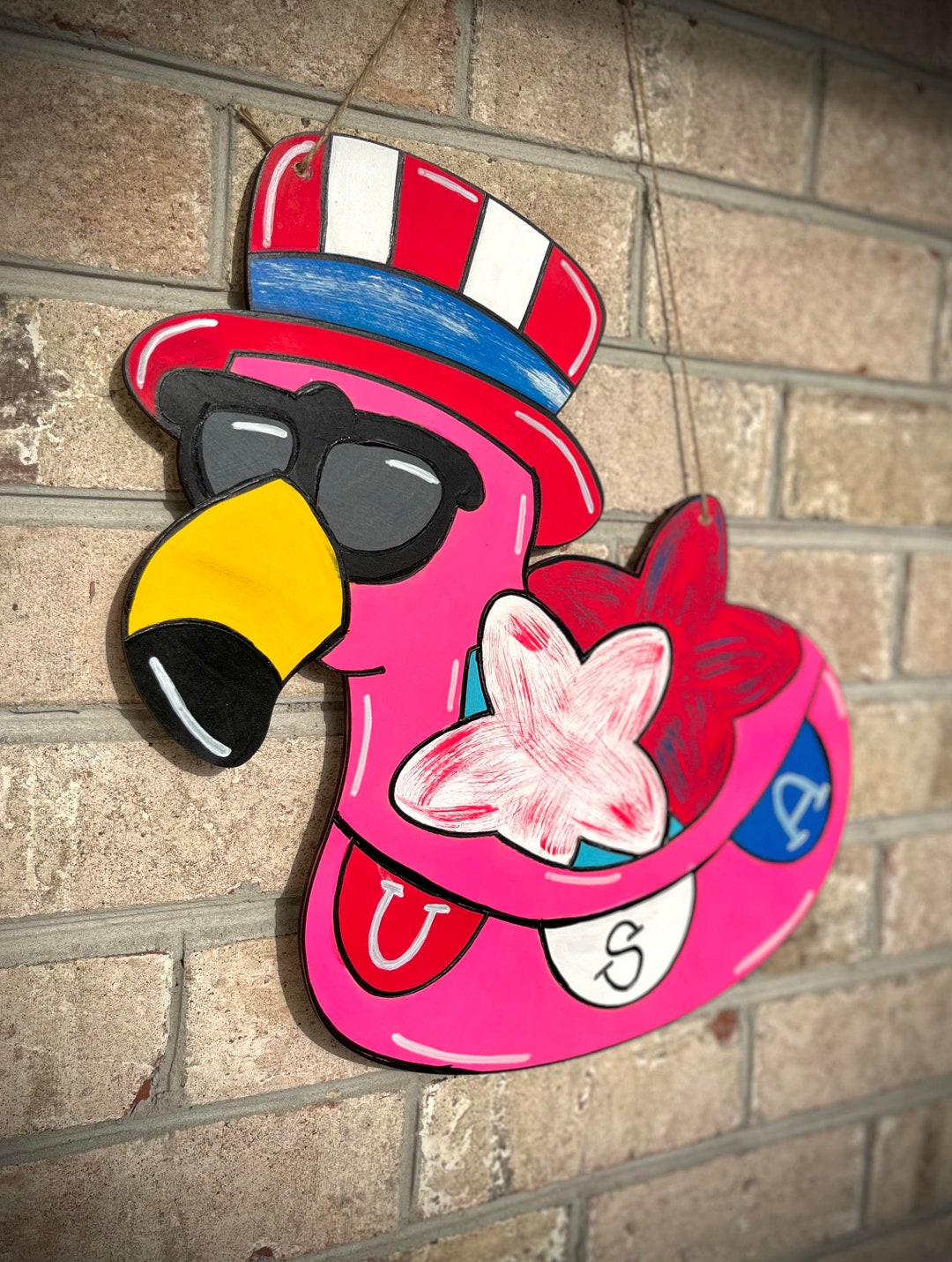USA Flamingo Door Hanger Patriotic Red White and Blue Wood Sign ...
