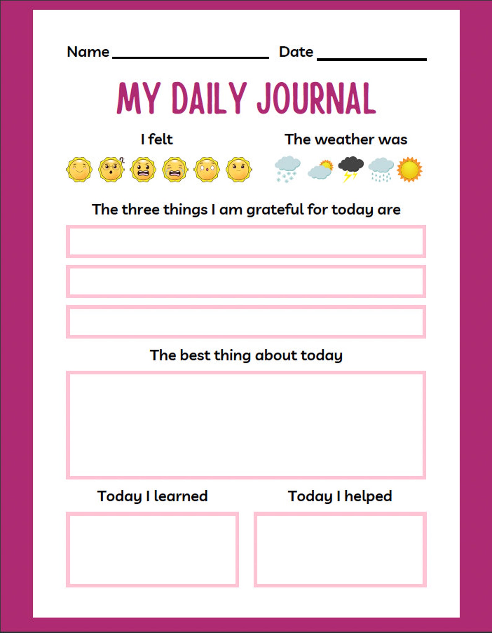 Kids Daily Journal Pages - Set of 3 Colorful & Engaging Templates for ...