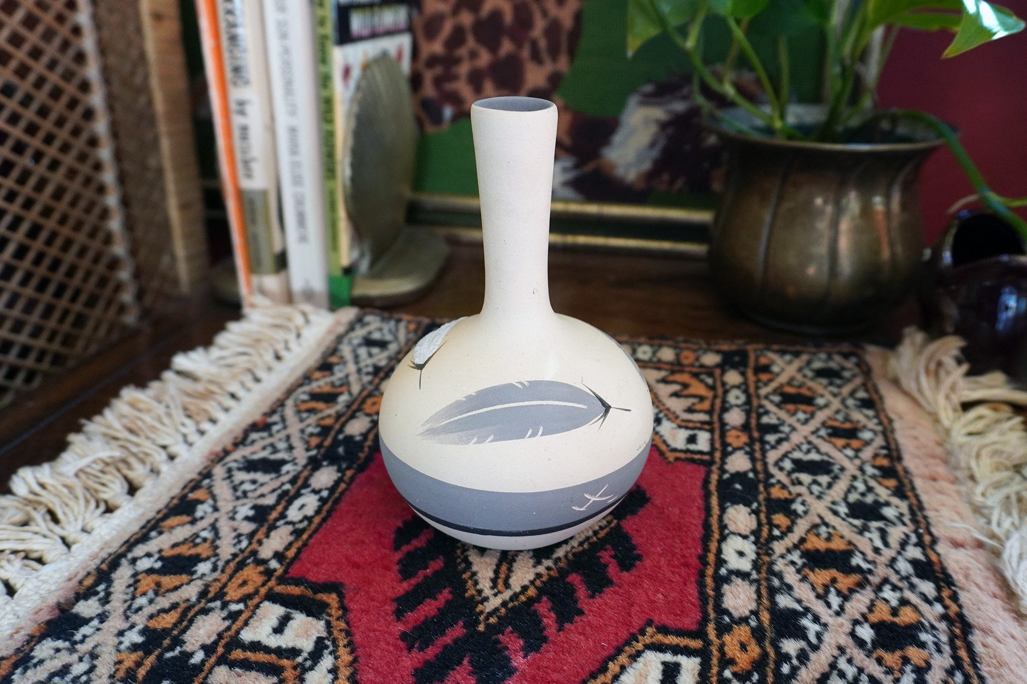 Vintage Native American Pottery Navajo Feather Bud Vase Boho ...