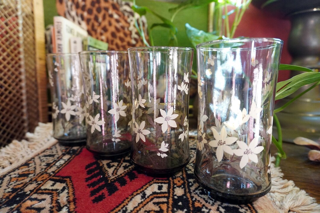 1970s Smokey Flower Glass Tumblers Vintage Kitchen Floral Libbey Glass ...