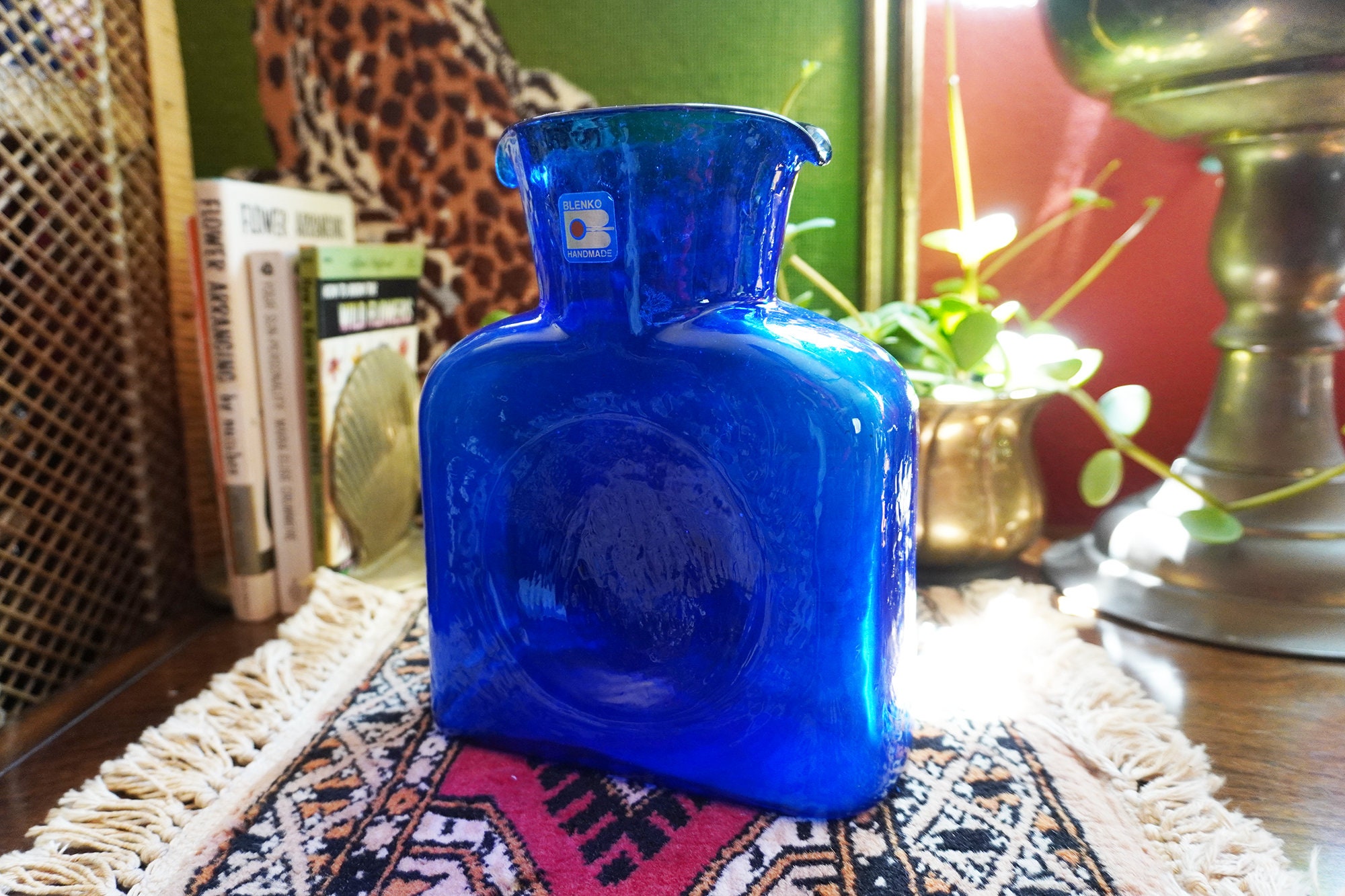 Vintage Blenko Glass Double Spouted Pitcher Decanter MCM Pitcher Cobalt ...