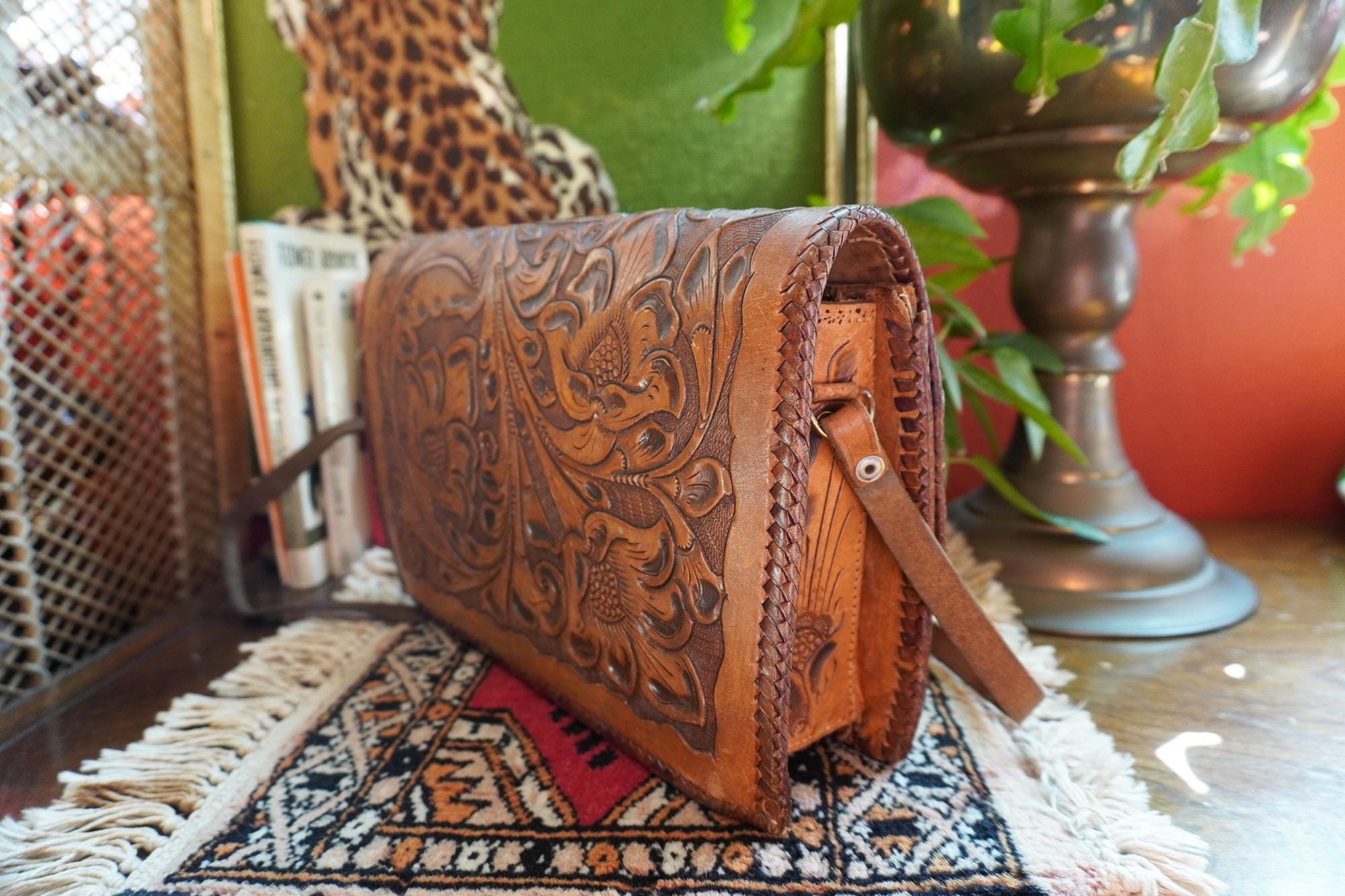 Vintage 1970s Folk Mexican Leather Hand Tooled Handbag | 70s 60s Hippie ...