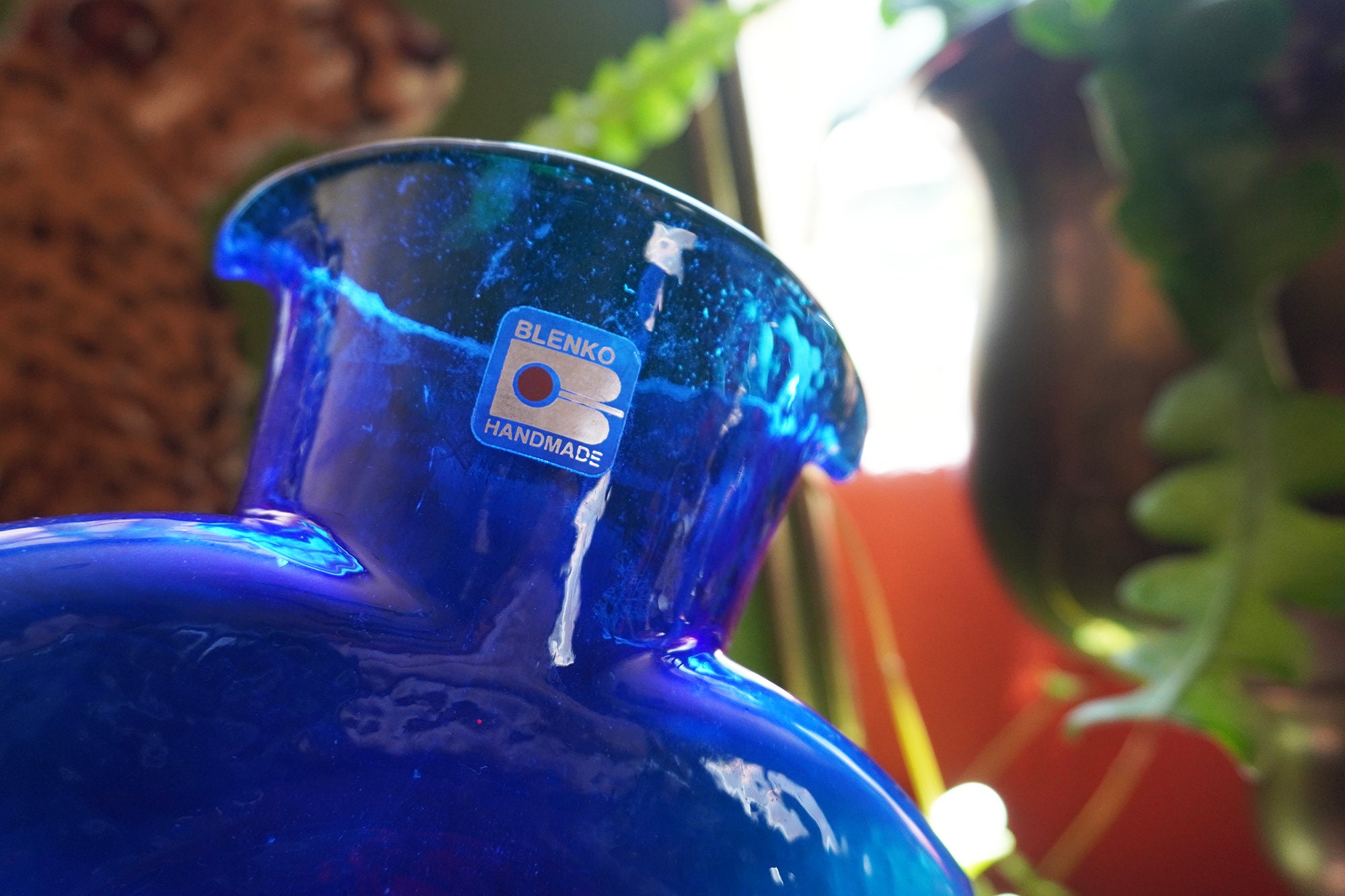 Vintage Blenko Glass Double Spouted Pitcher Decanter MCM Pitcher Cobalt ...