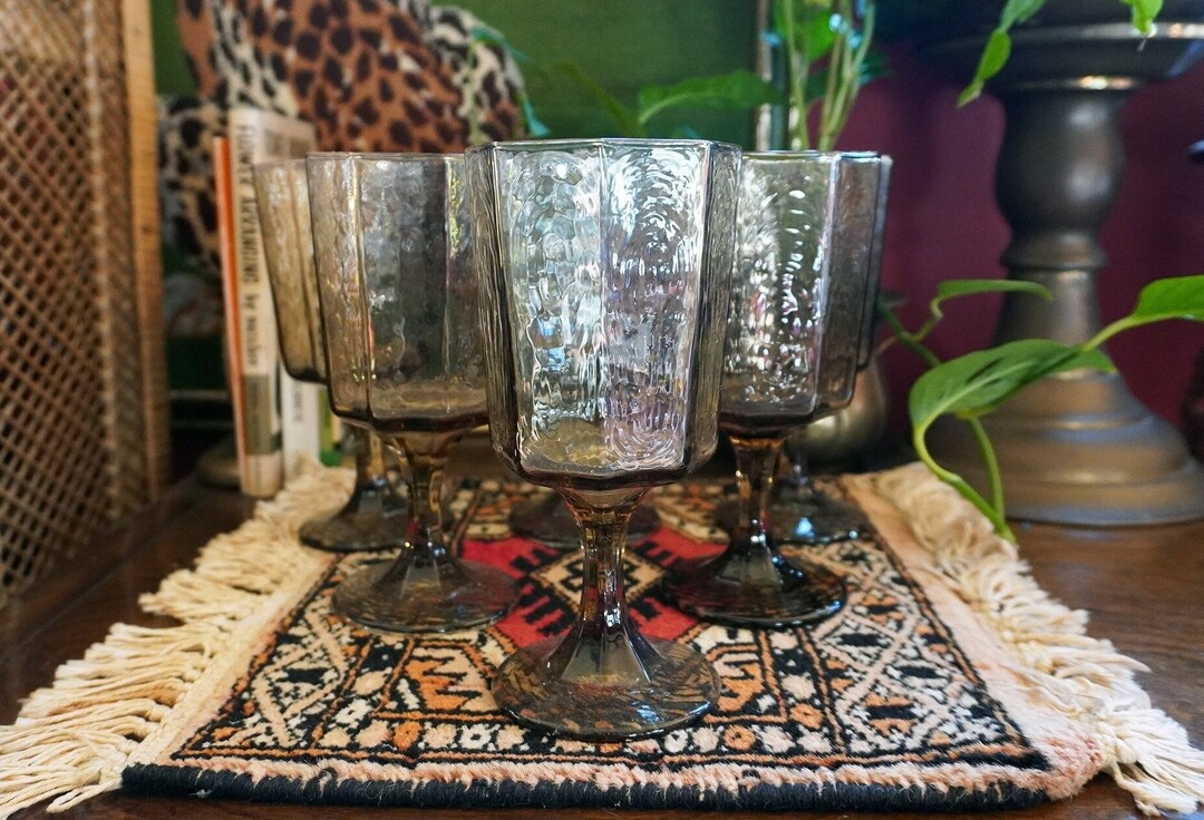 Vintage Smokey Octagonal Wine Glasses MCM Barware Tawny Brown Wine ...