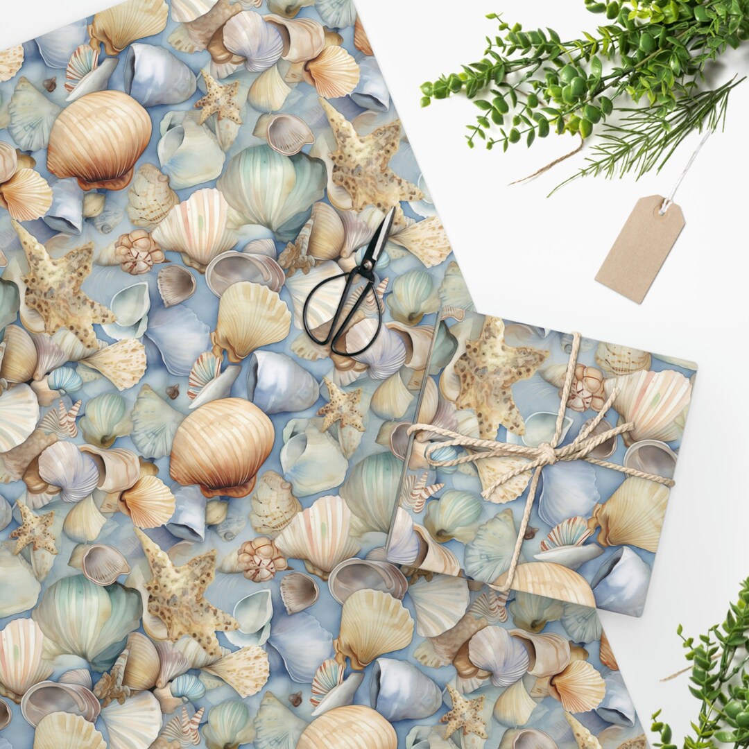 Ocean Watercolor Wrapping Paper Beach Seashells Scene Gift Wrap 24 36 ...