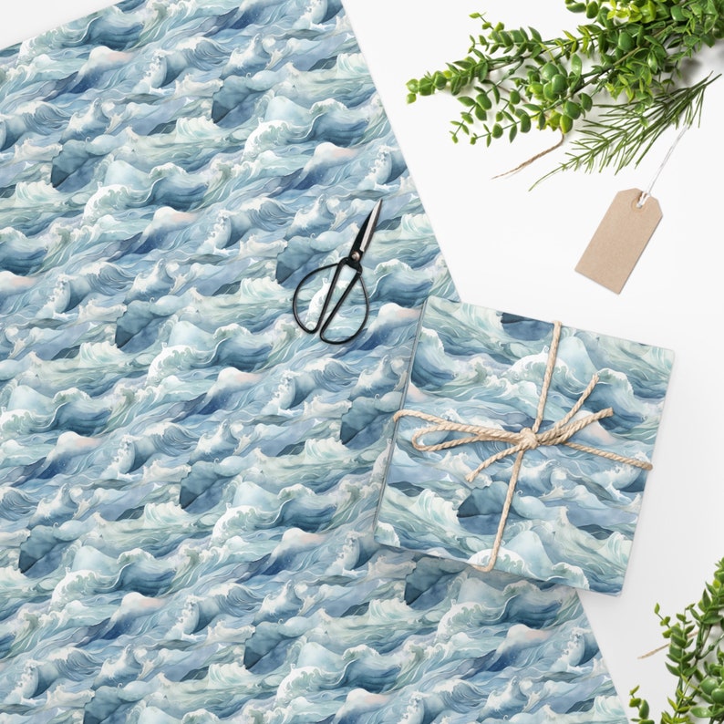 Watercolor Ocean Waves Wrapping Paper Beach Scene Gift Artistic Charm ...