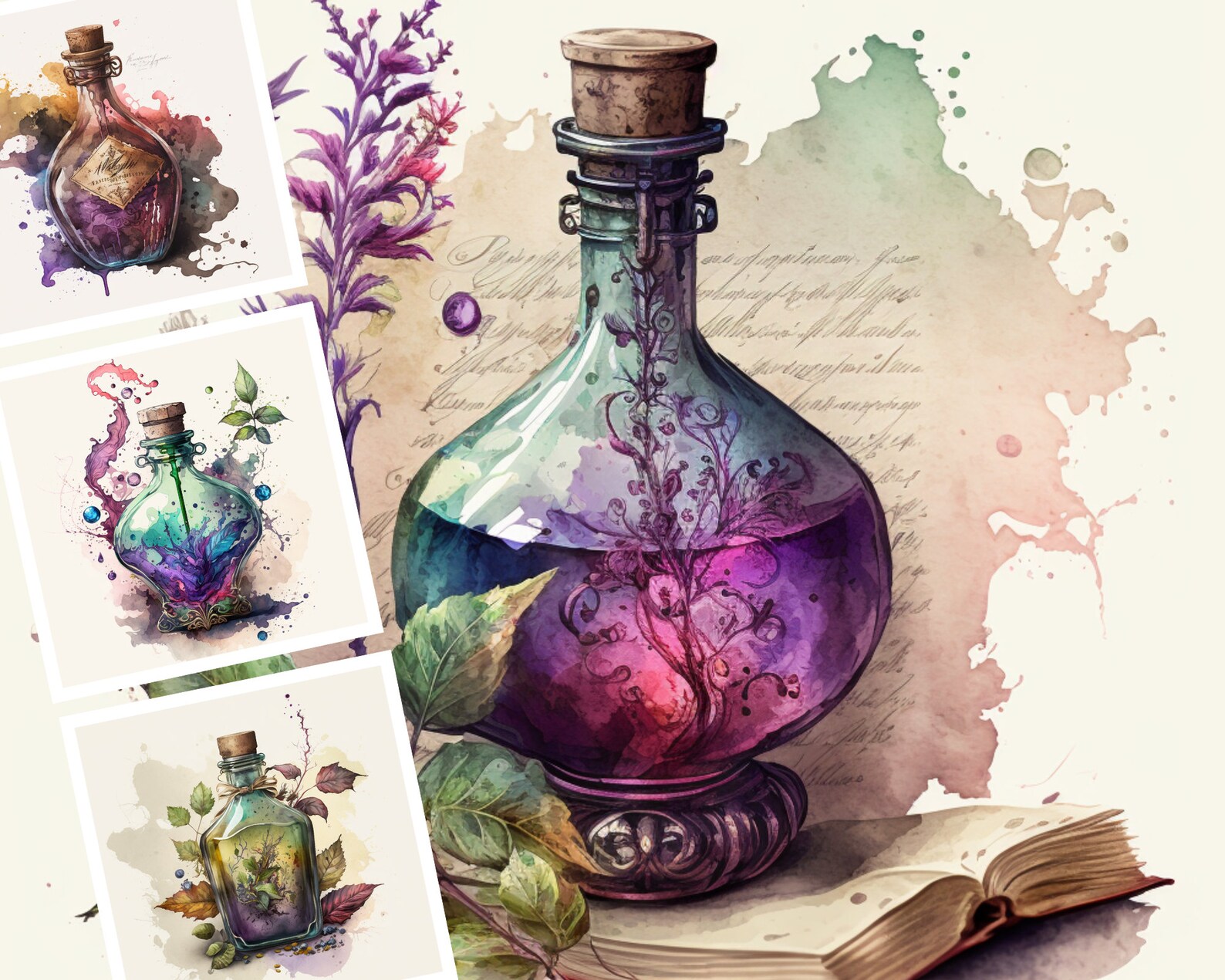 Vintage Watercolor Potion Bottle Clipart Set Instant Download ...
