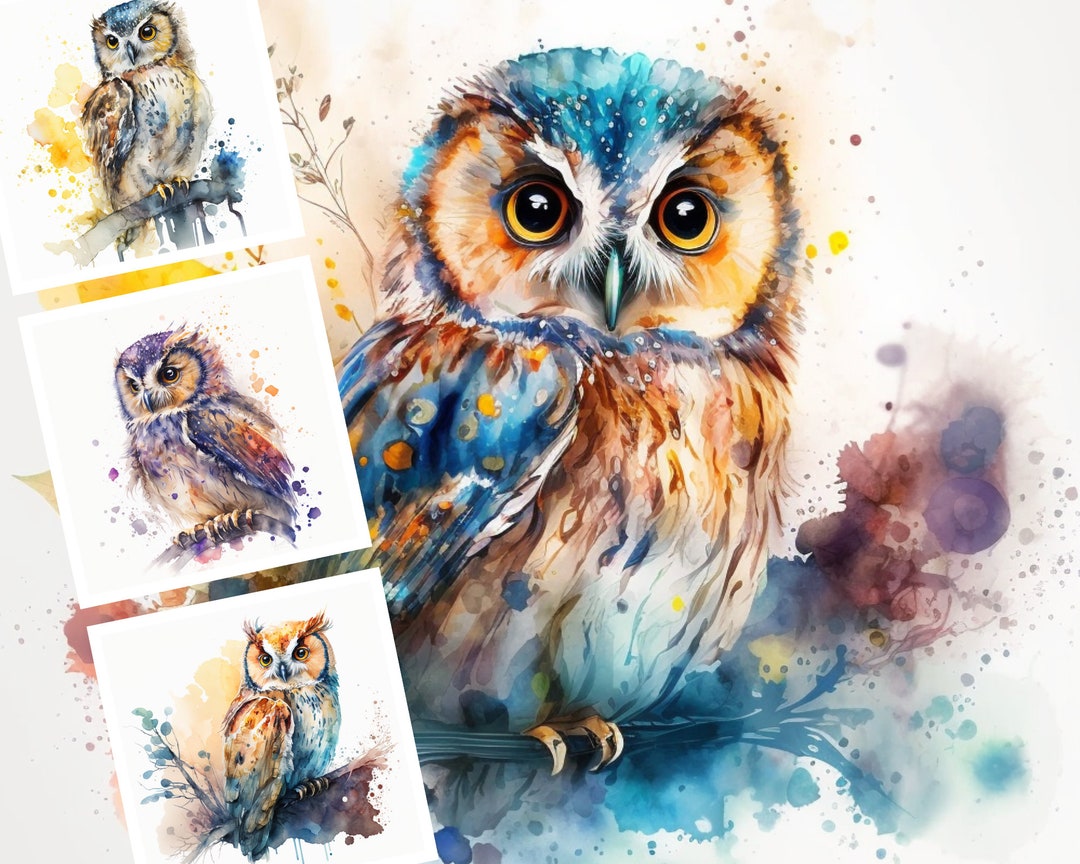 Watercolor Cute Owls Printable Art - Digital Design Bundle of 10 - Clip ...