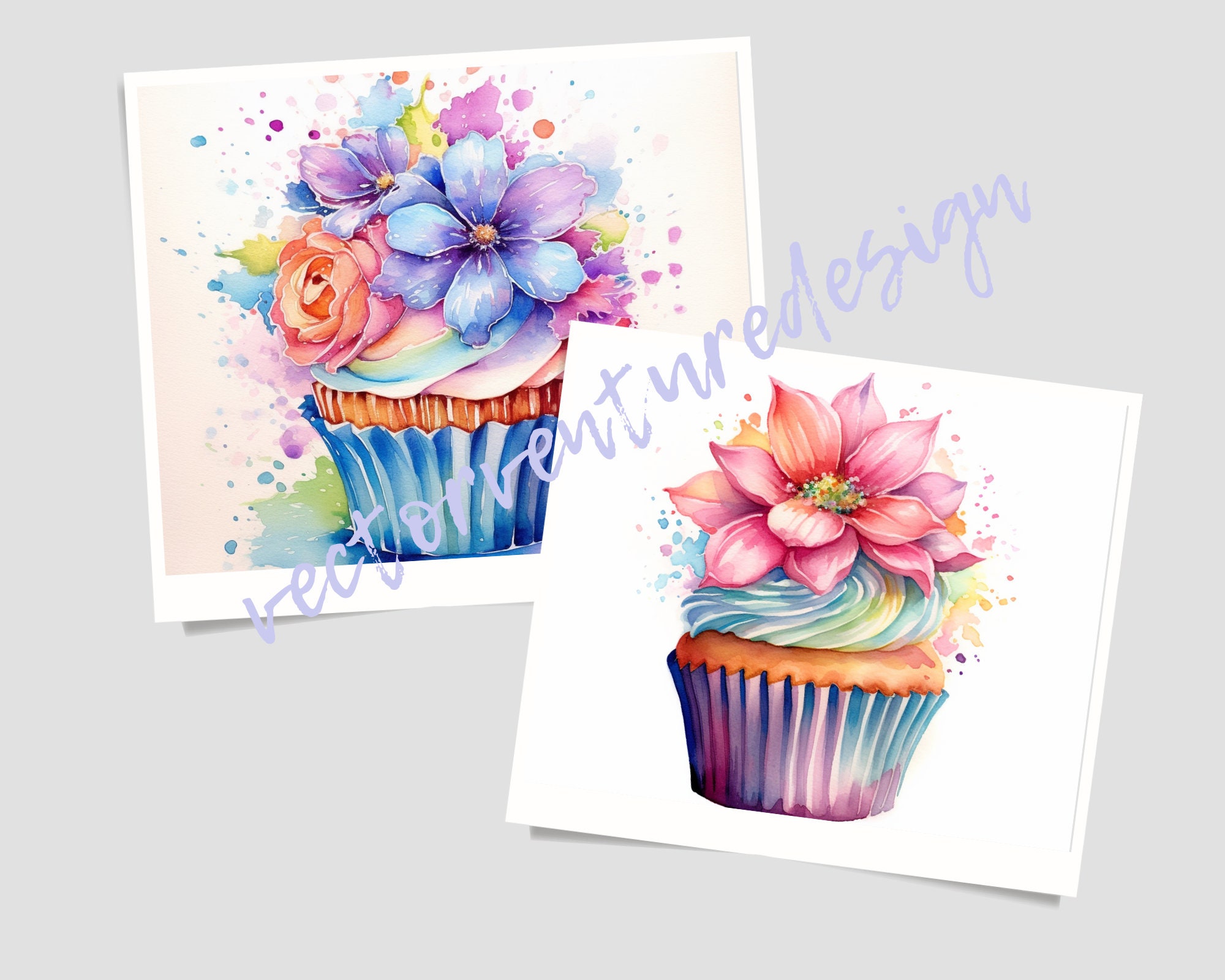 Floral Cupcake Printable Art - Digital Design Bundle of 10 - Commercial ...