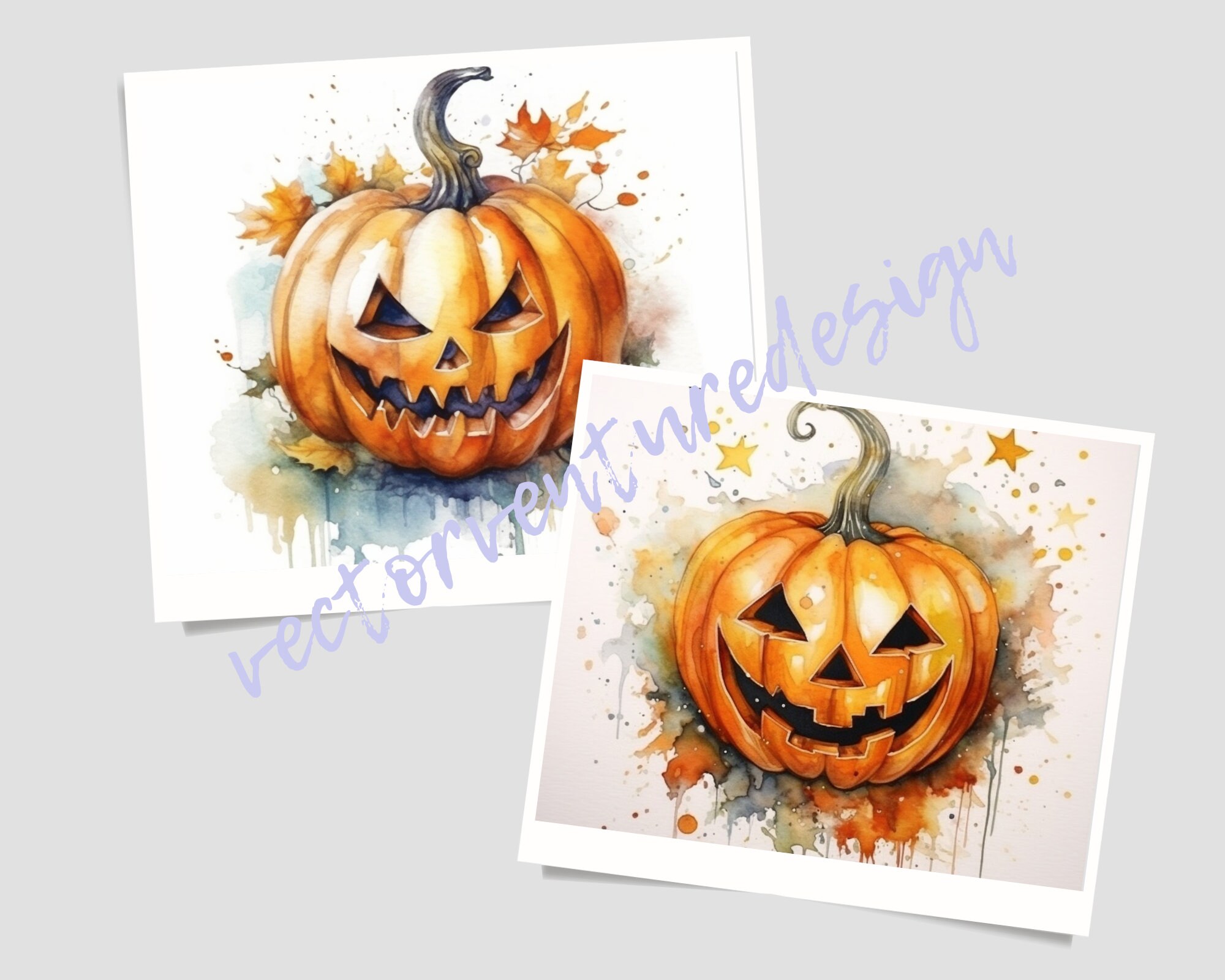 Watercolor Halloween Pumpkin Printable Art - Digital Design Bundle of ...