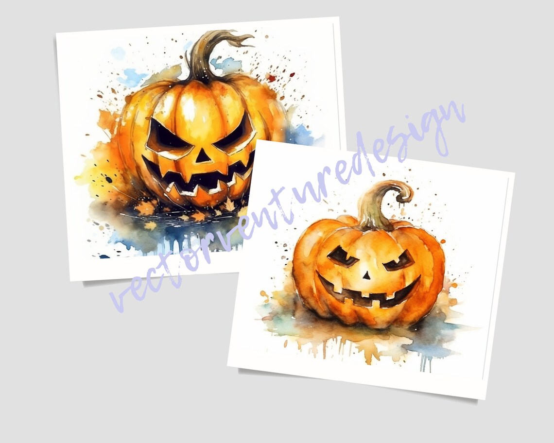 Watercolor Halloween Pumpkin Printable Art - Digital Design Bundle of ...