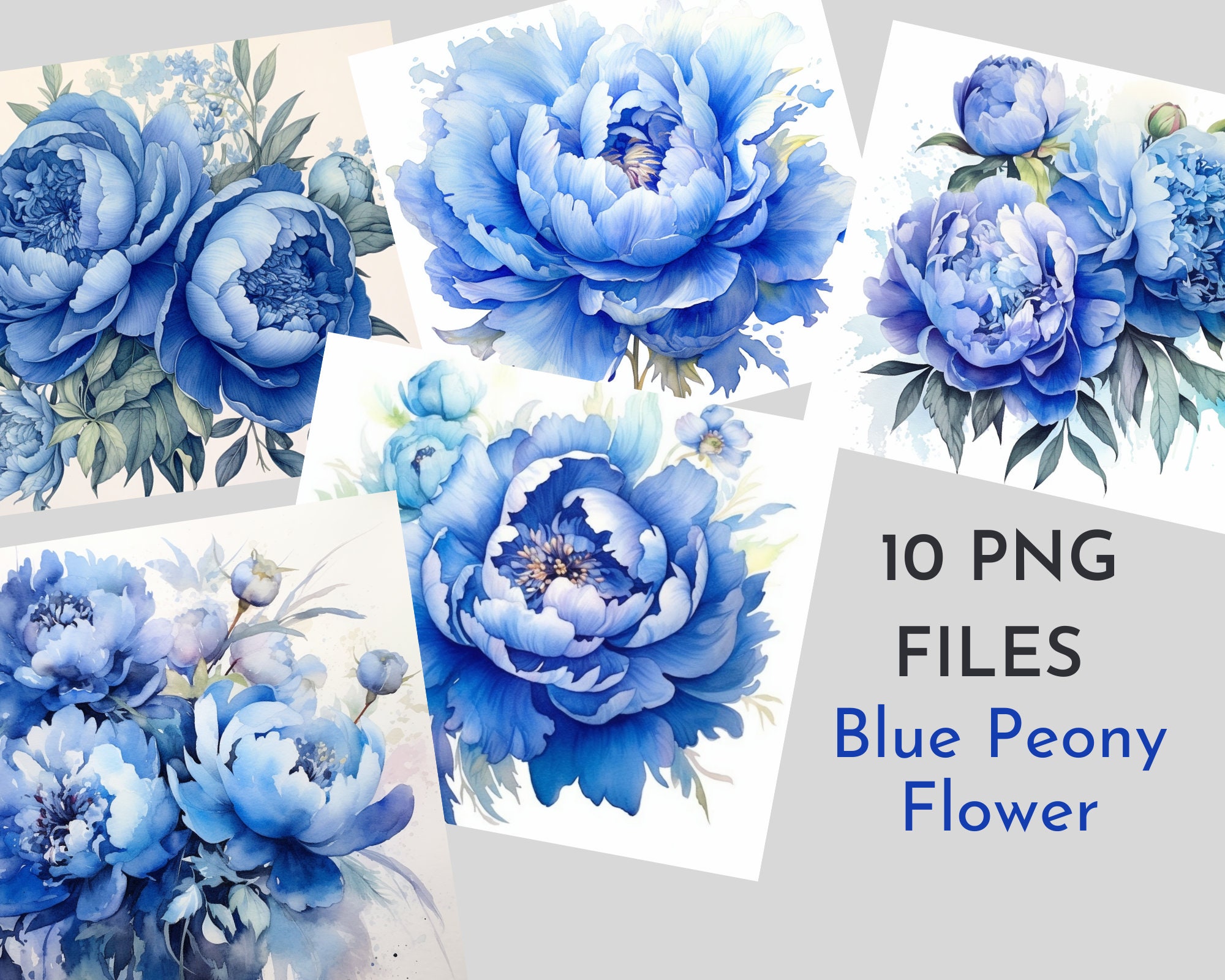 Watercolor Blue Peony Printable Art - Digital Design Bundle of 10 ...