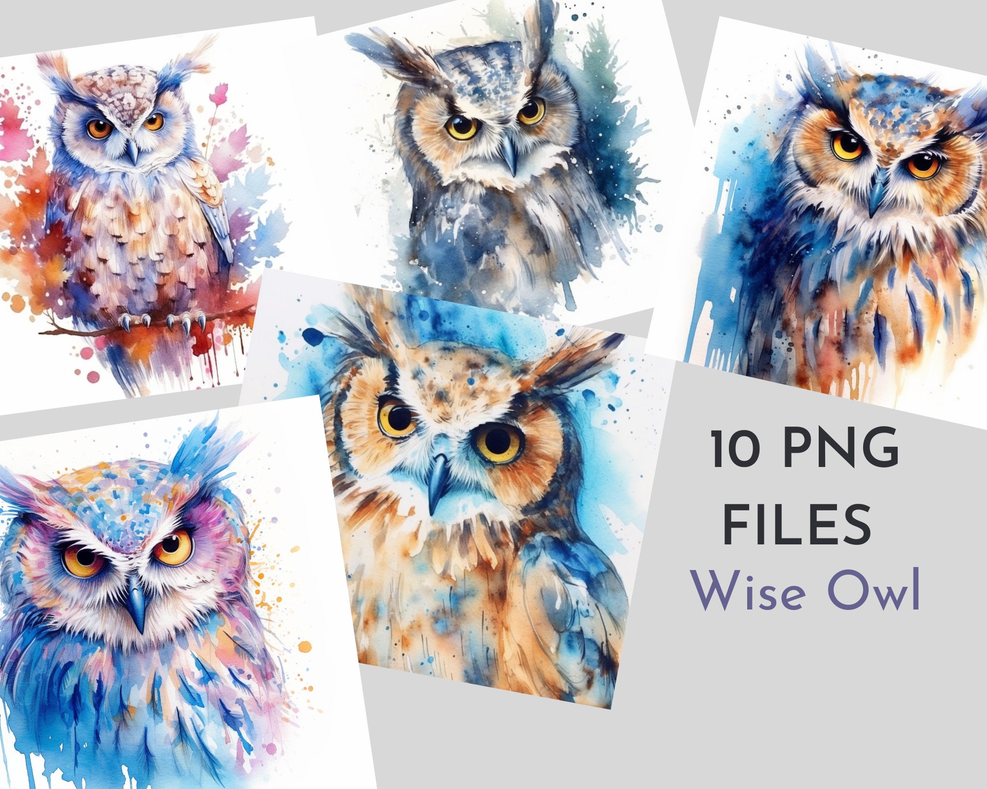 Watercolor Wise Owl Printable Art - Digital Design Bundle of 10 ...