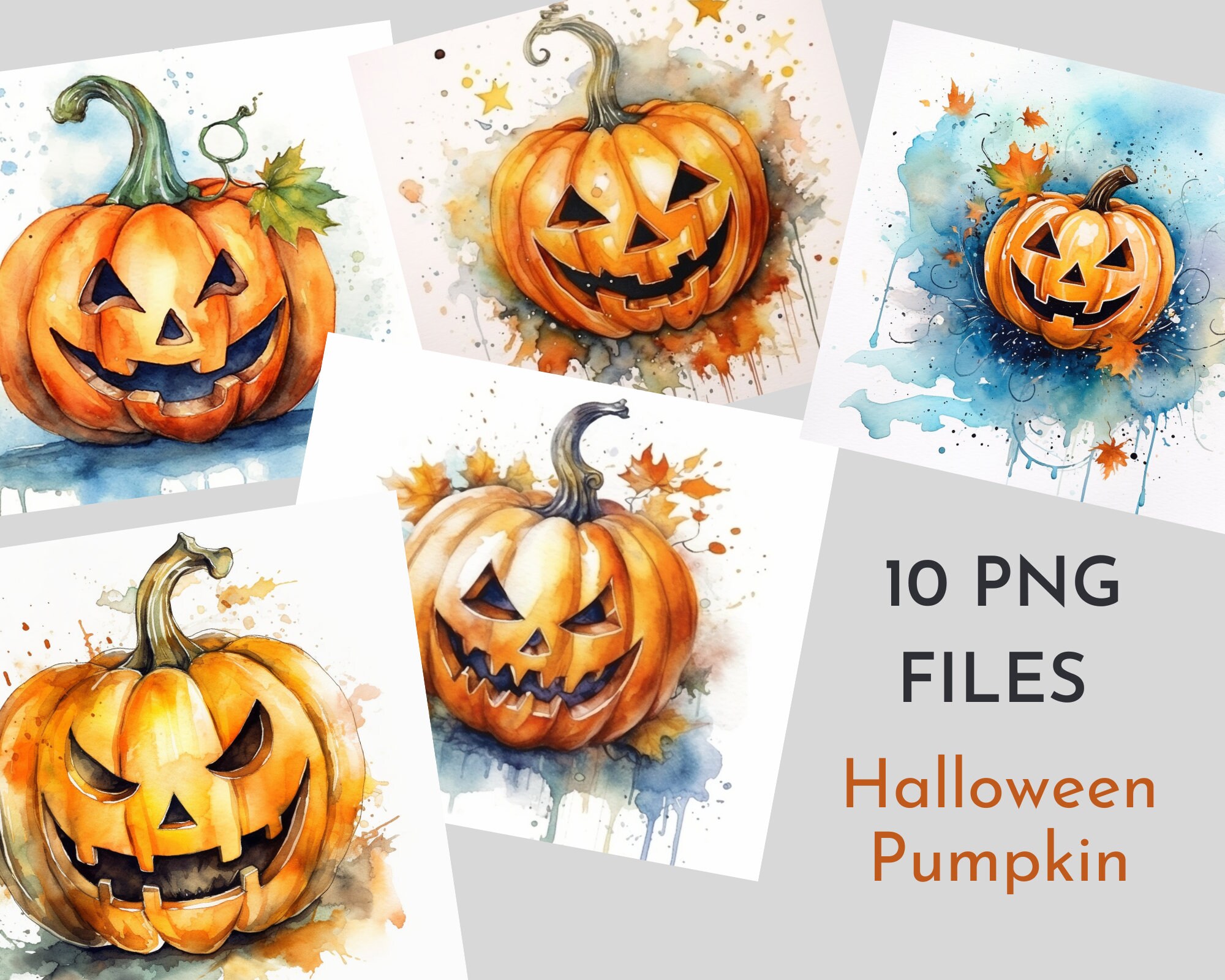 Watercolor Halloween Pumpkin Printable Art - Digital Design Bundle of ...