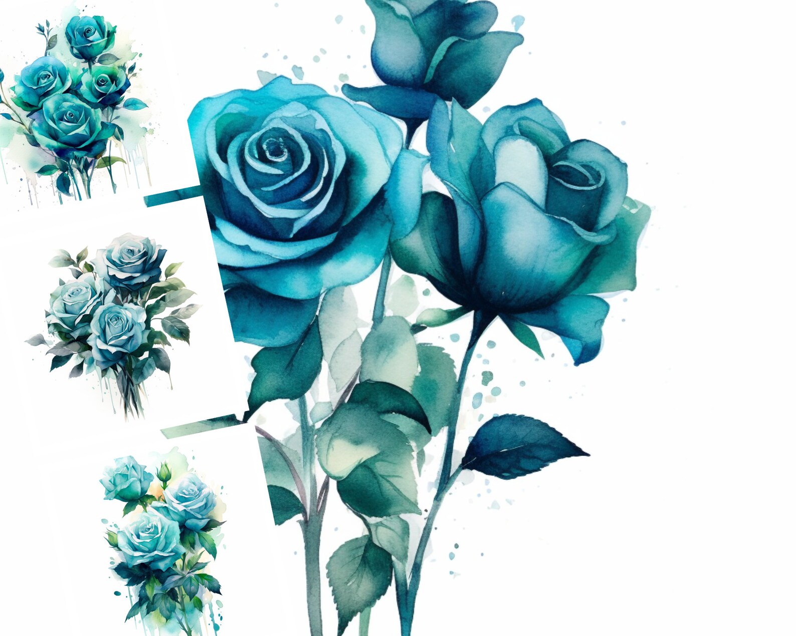 Teal Rose Printable Art - Digital Design Bundle of 10 - Commercial Use ...