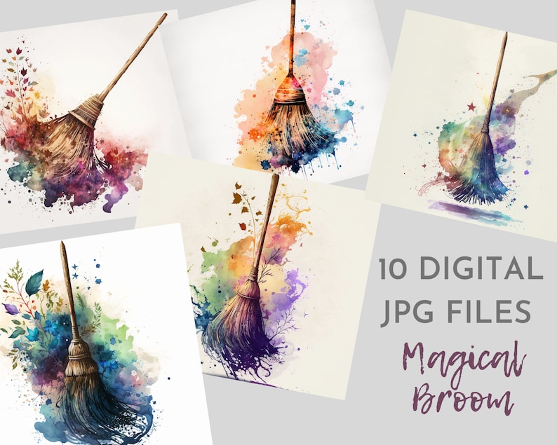 Watercolor Magical Broom Clip Art - 10 JPG Files Background - Instant ...