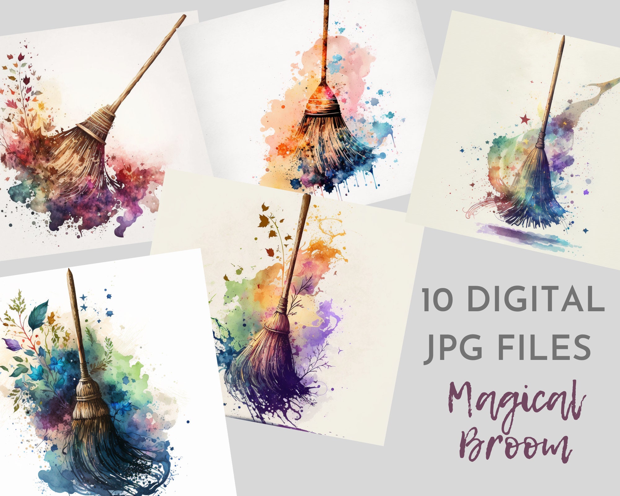 Watercolor Magical Broom Clip Art - 10 JPG Files Background - Instant ...