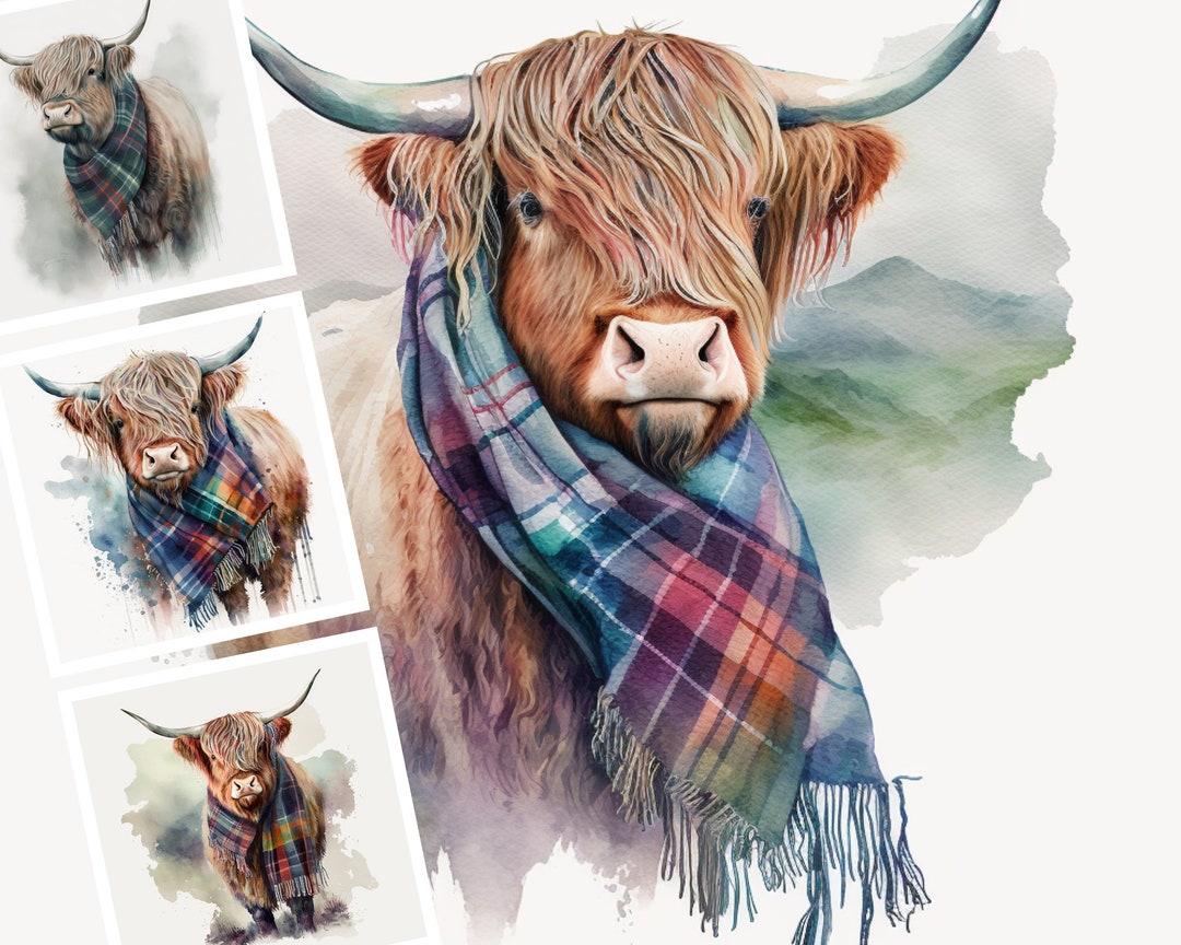 Highland Cow With Tartan Scarf 10pc PNG Bundle - Digital Design Bundle ...