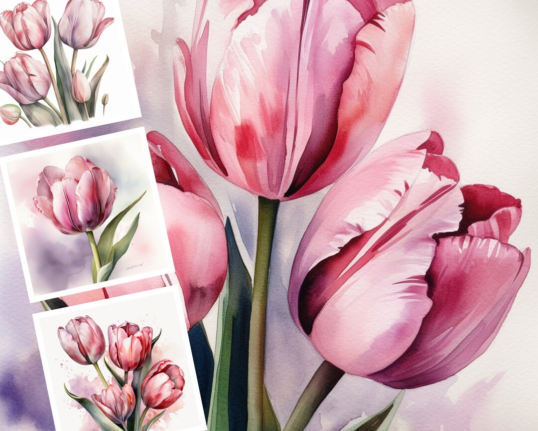 Watercolor Pink Tulip Printable Art - Digital Design Bundle of 10 ...