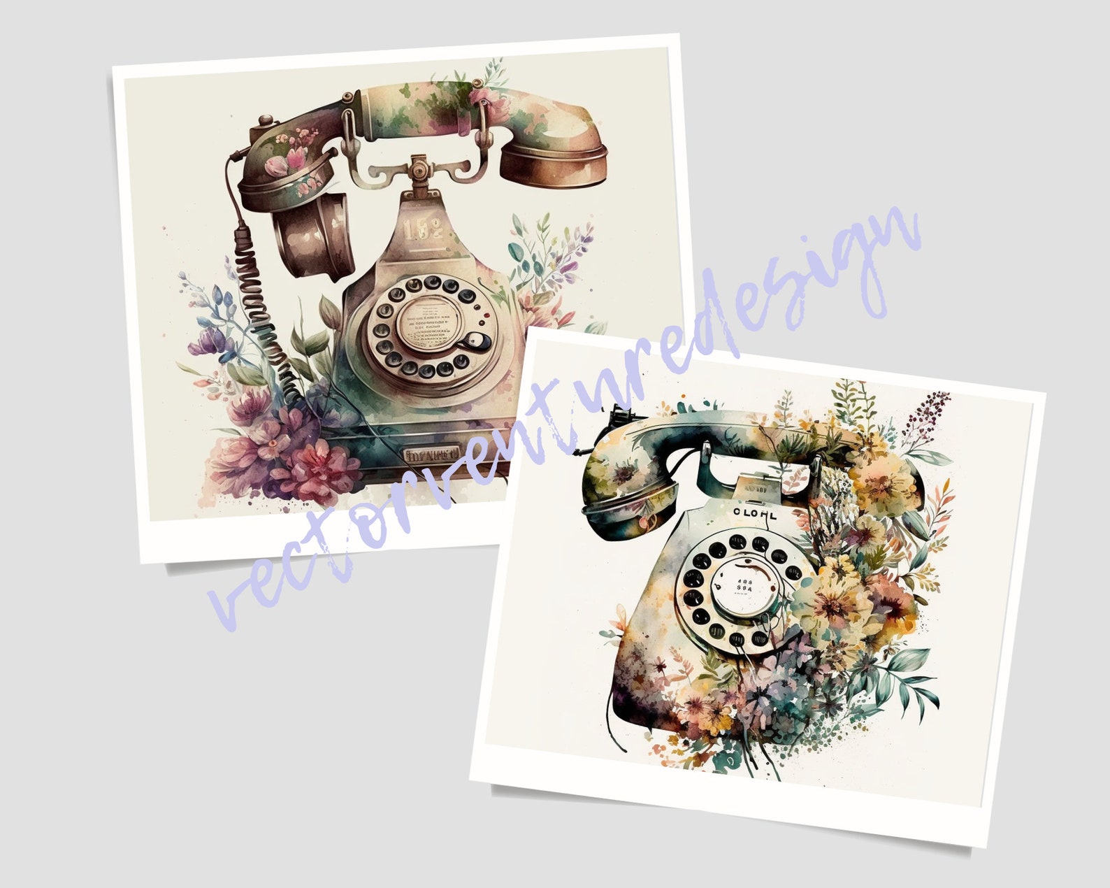 Vintage Floral Watercolor Telephone Clip Art Set for Digital ...