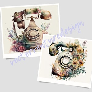 Vintage Floral Watercolor Telephone Clip Art Set for Digital ...
