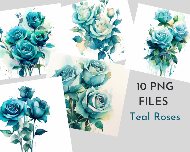 Teal Rose Printable Art - Digital Design Bundle of 10 - Commercial Use ...