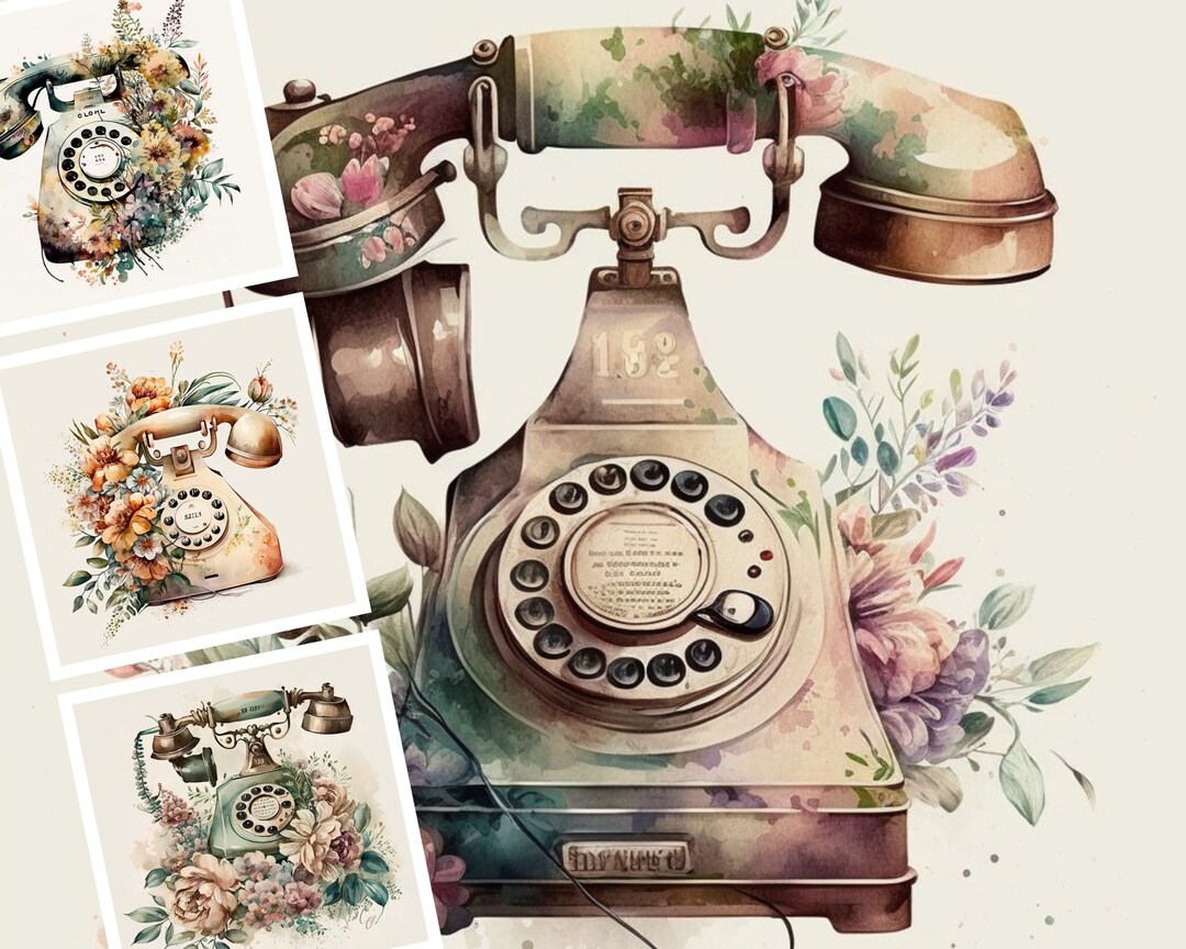 Vintage Floral Watercolor Telephone Clip Art Set for Digital ...