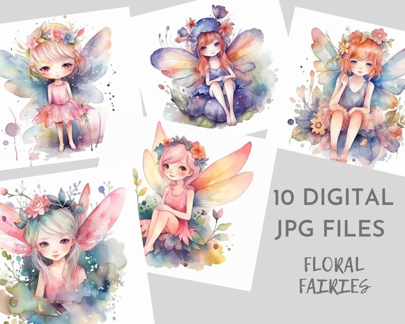 Watercolor Floral Fairies Printable Art - Digital Design Bundle of 10 ...