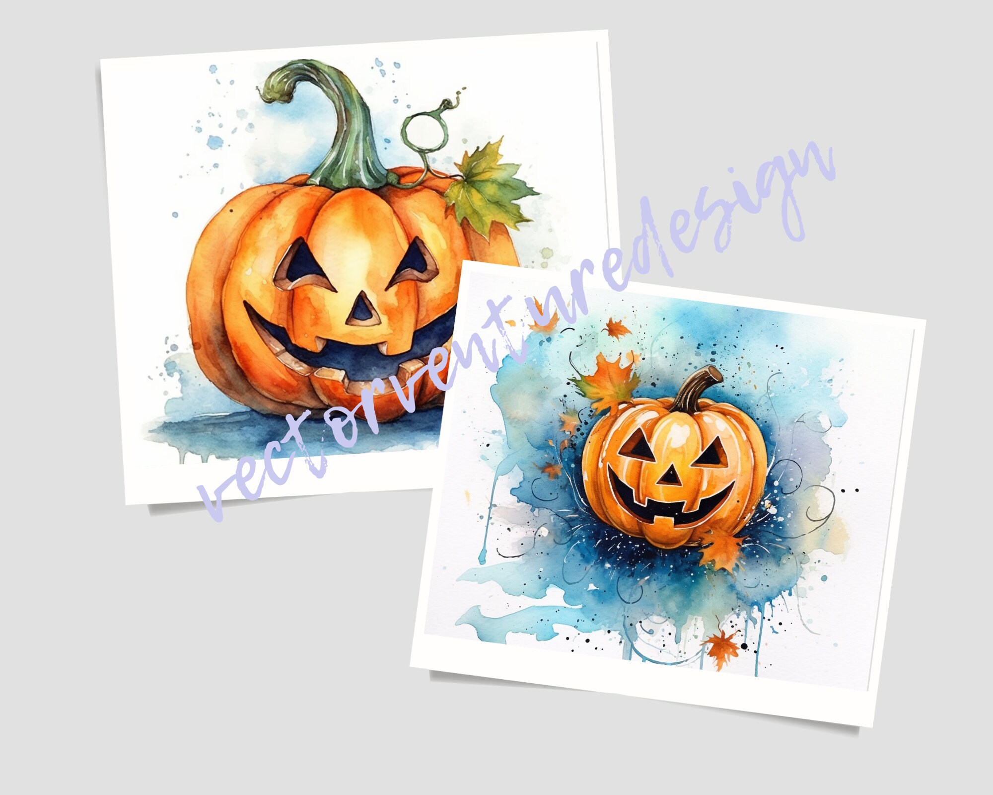 Watercolor Halloween Pumpkin Printable Art - Digital Design Bundle of ...