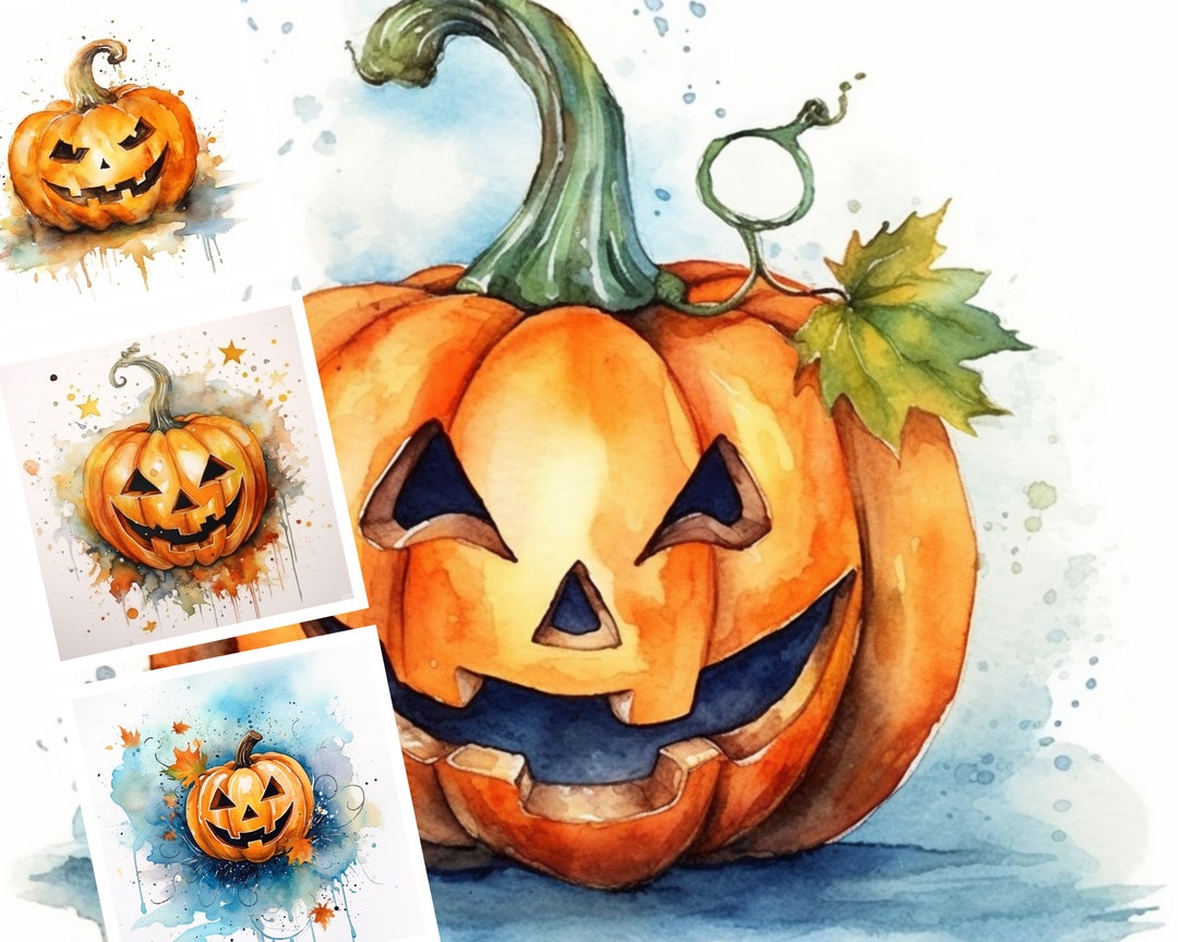 Watercolor Halloween Pumpkin Printable Art - Digital Design Bundle of ...
