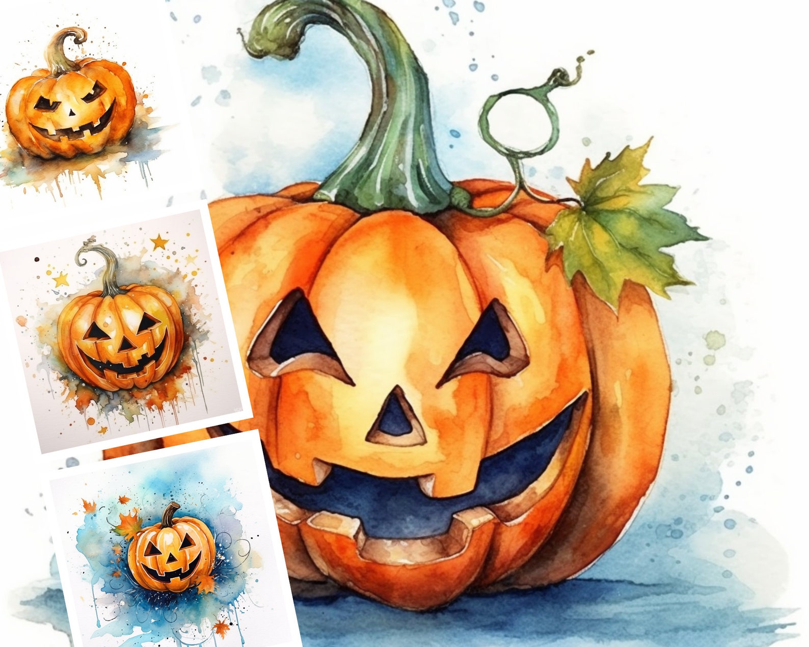 Watercolor Halloween Pumpkin Printable Art - Digital Design Bundle of ...