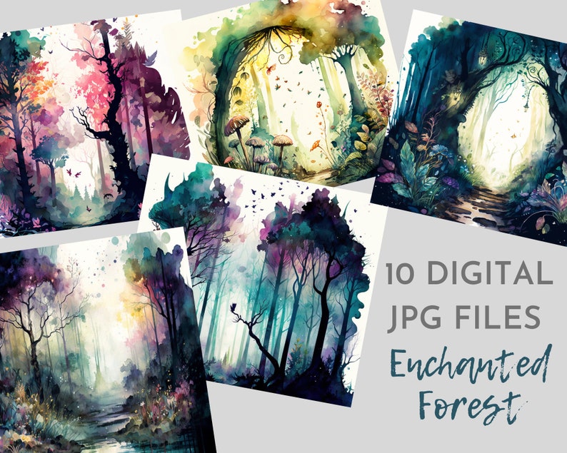 Watercolor Enchanted Forest Printable Art - Digital Design Bundle of 10 ...