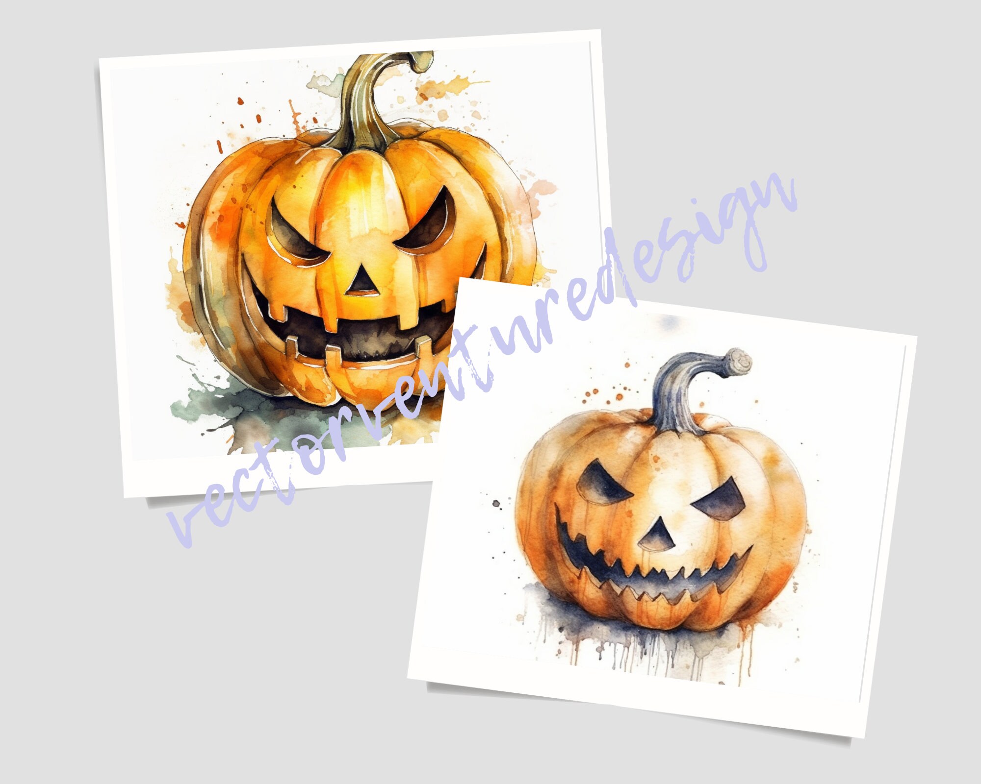 Watercolor Halloween Pumpkin Printable Art - Digital Design Bundle of ...