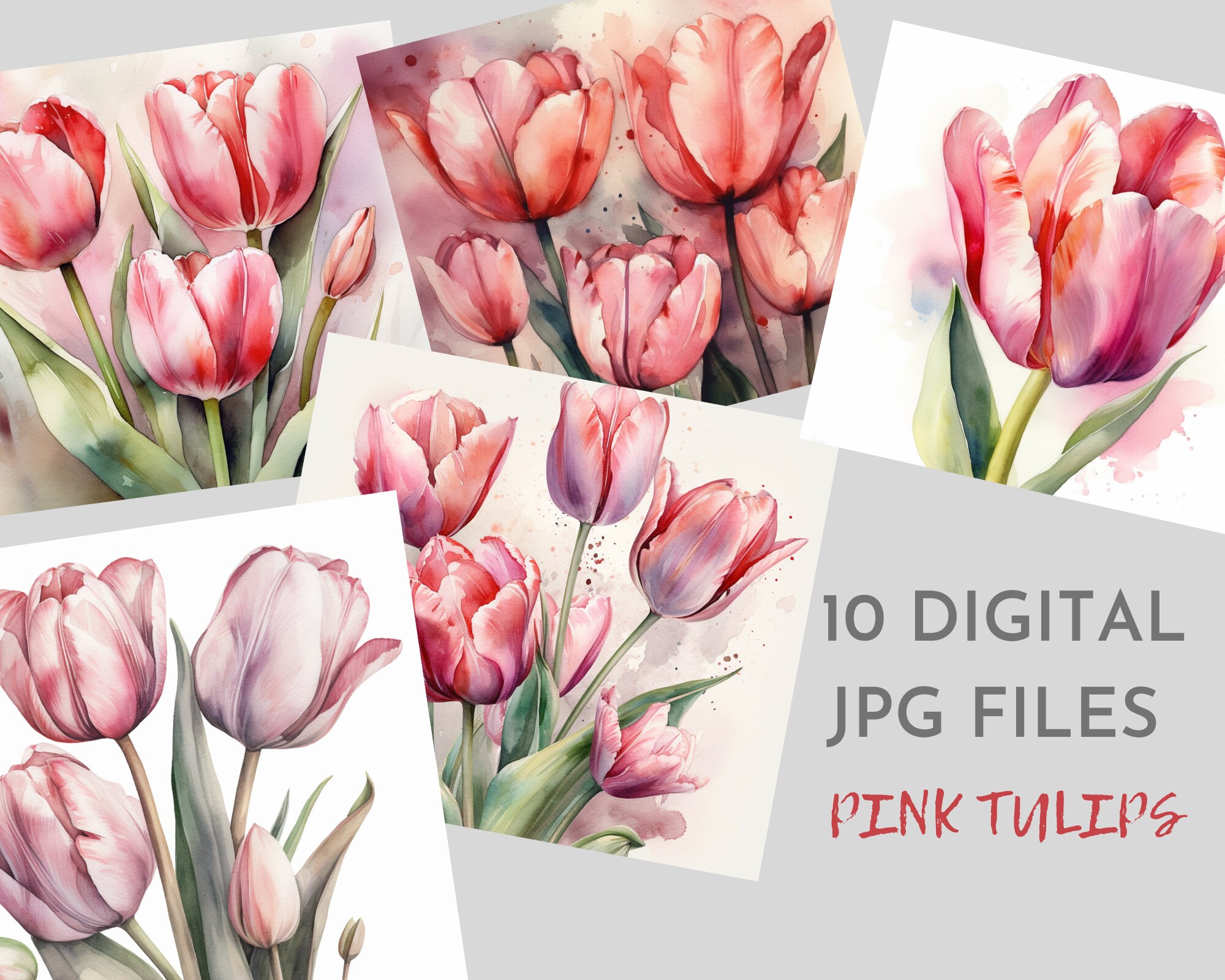 Watercolor Pink Tulip Printable Art Digital Design Bundle of 10 Clip ...