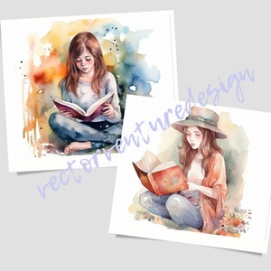 Watercolor Girl Lost in a Book Clip Art Digital Design Bundle of 10 ...