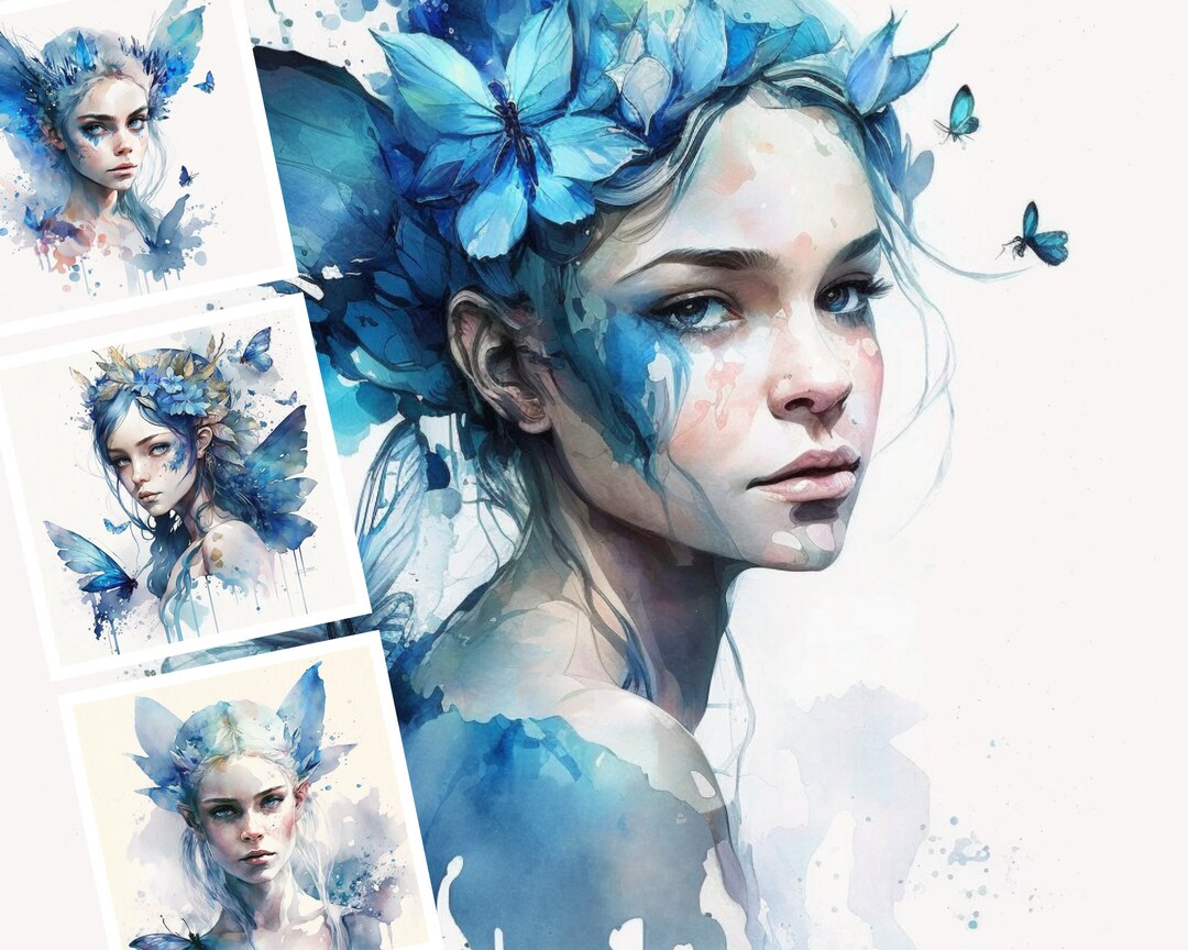 Watercolor Blue Fairy Printable Art - Digital Design Bundle of 10 ...