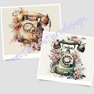Vintage Floral Watercolor Telephone Clip Art Set for Digital ...