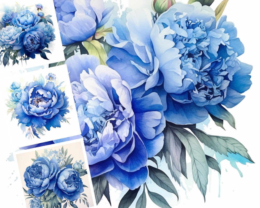 Watercolor Blue Peony Printable Art - Digital Design Bundle of 10 ...