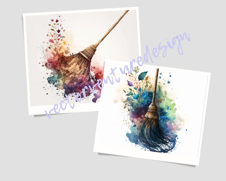 Watercolor Magical Broom Clip Art - 10 JPG Files Background - Instant ...