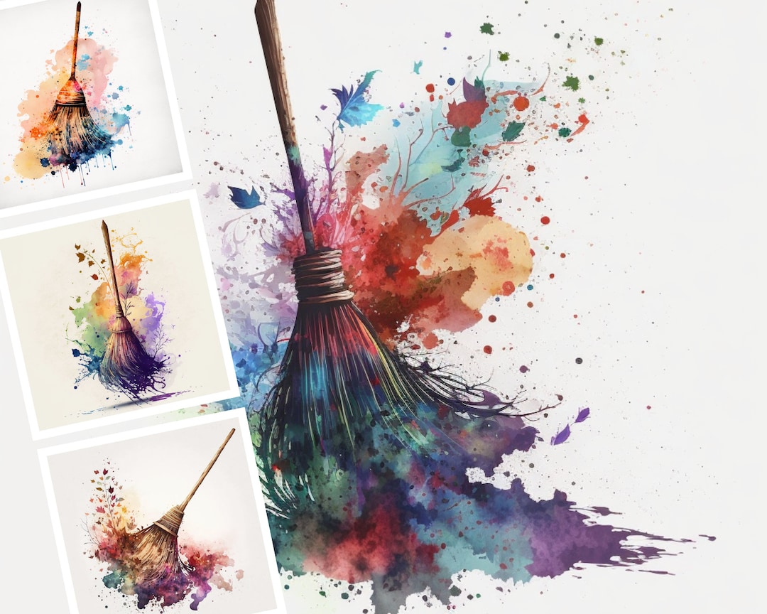 Watercolor Magical Broom Clip Art - 10 JPG Files Background - Instant ...