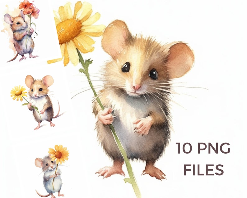 Cute Mouse Holding a Flower Clip Art - Instant Download - Digital ...