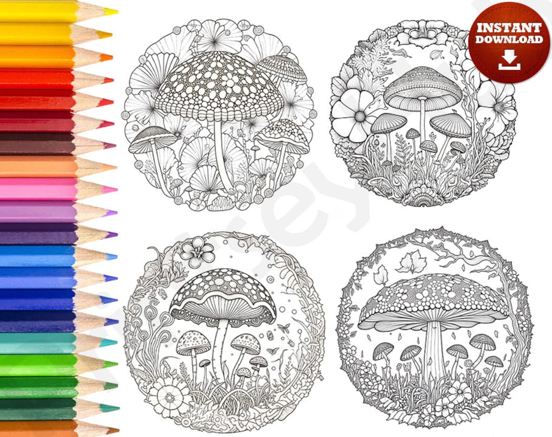 4 Pack Magic Mushroom Mandala Coloring Page | Stress & Anxiety ...