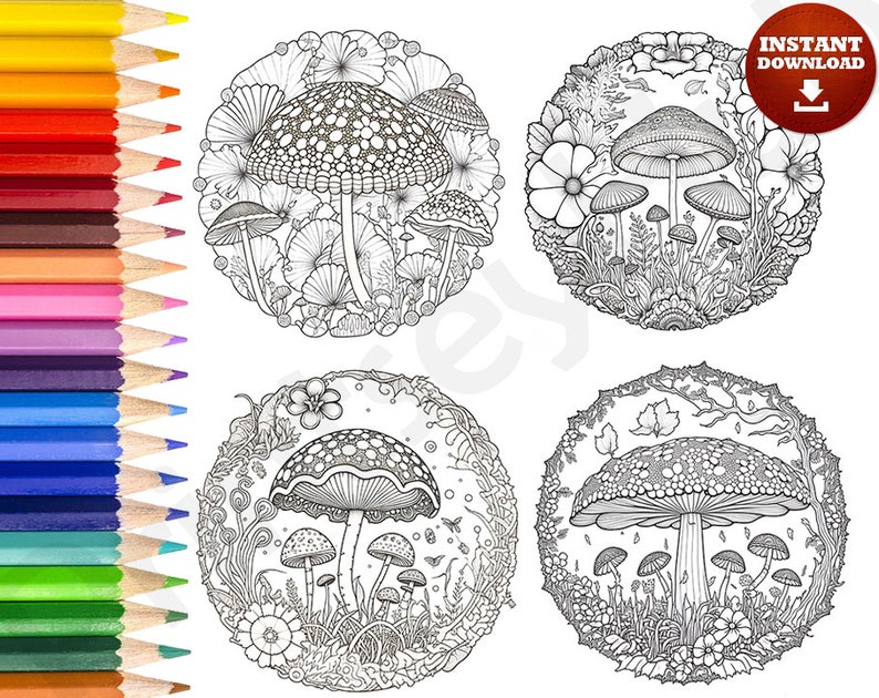 4 Pack Magic Mushroom Mandala Coloring Page | Stress & Anxiety ...