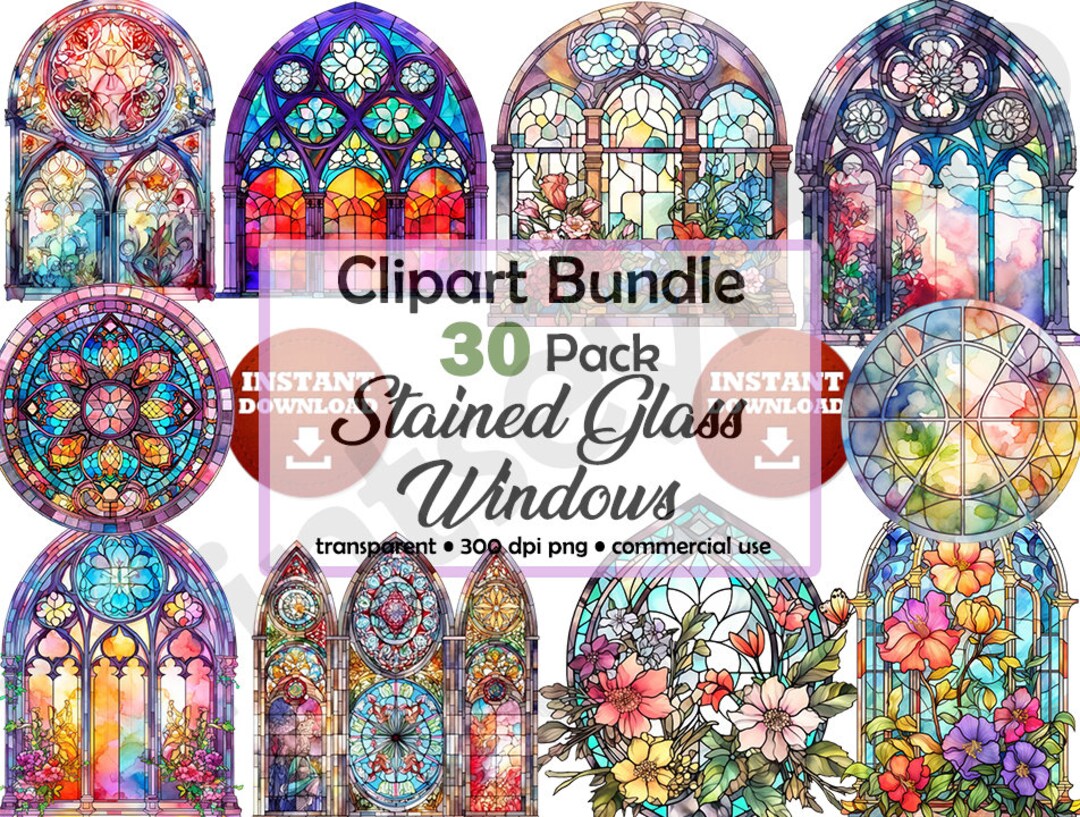 Best Stained Glass Window Clipart Bundle Colorful Vivid Vintage Windows ...